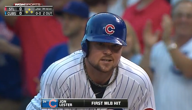 WATCH: Jon Lester gets first career hit in 67th career at-bat ...