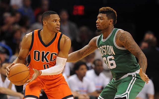 WATCH: Russell Westbrook, Marcus Smart with the rare double-flop ...